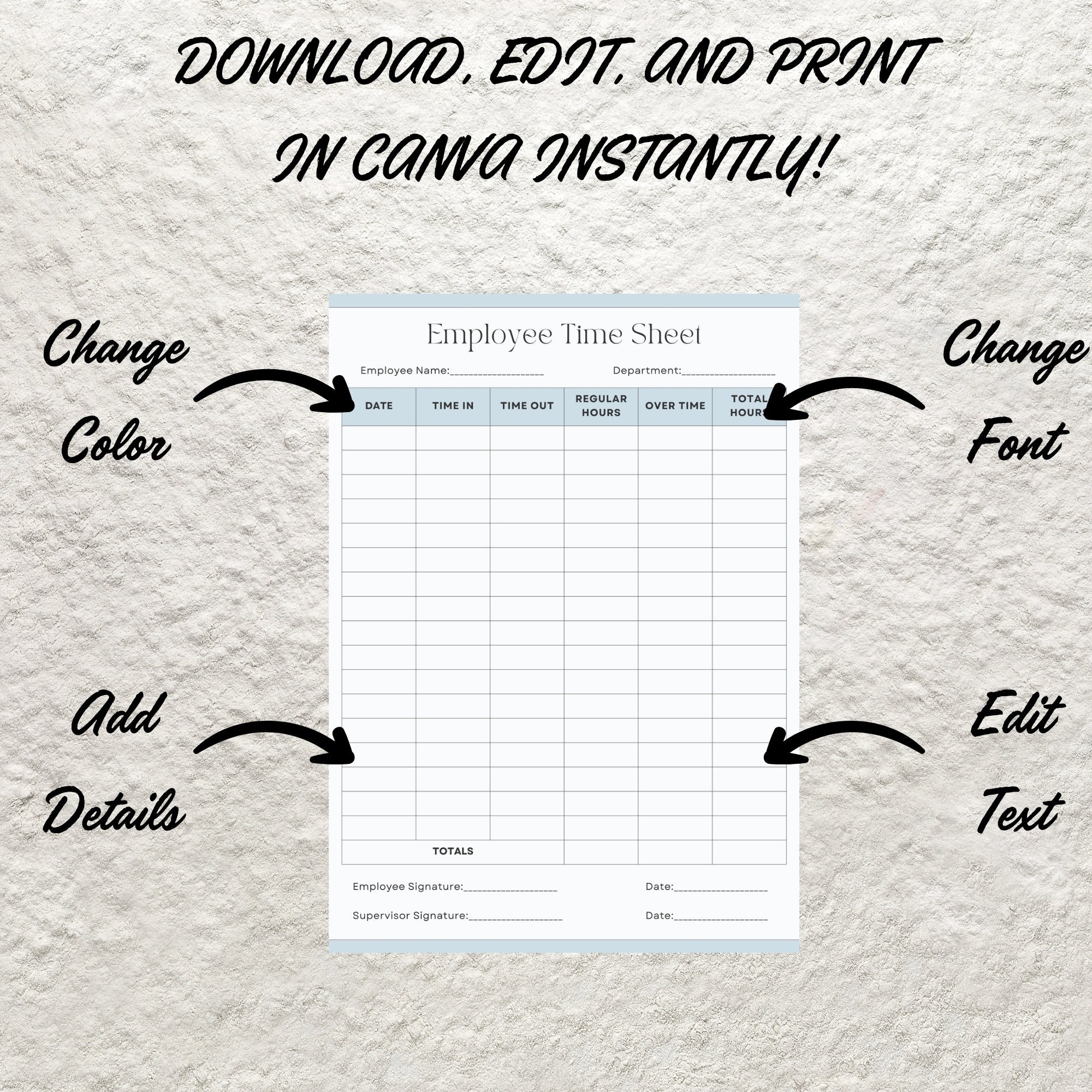 Editable Employee Time Sheet Tracker Template Printable Timekeeping Log ...