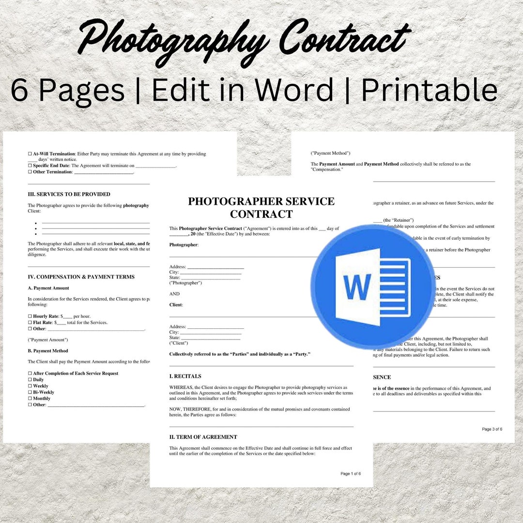Photography Contract Template Editable Portrait Photography Agreement ...