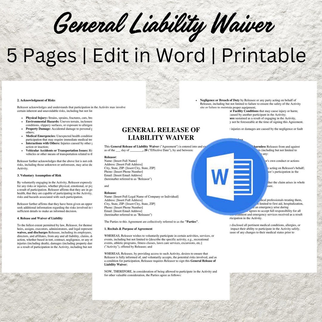 General Liability Waiver Form Template Editable All Purpose Liability ...