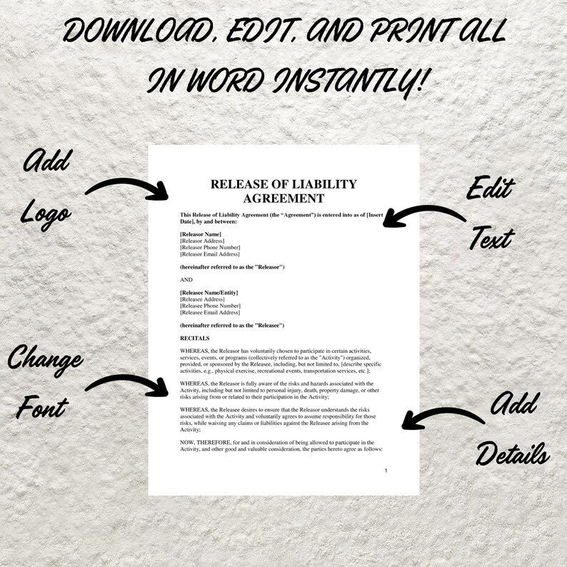 Editable Release of Liability Template: Waiver & Indemnity (word ...