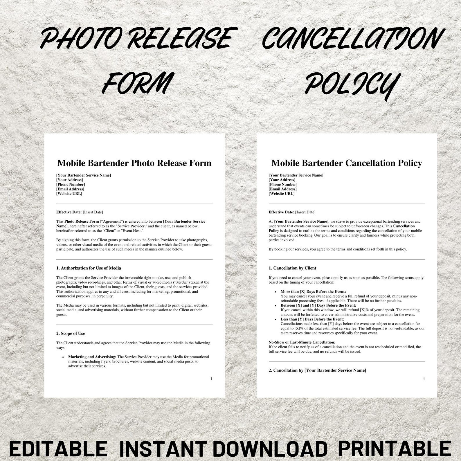 Mobile Bar Business Forms Bundle - Editable Bartender Contract, Service ...