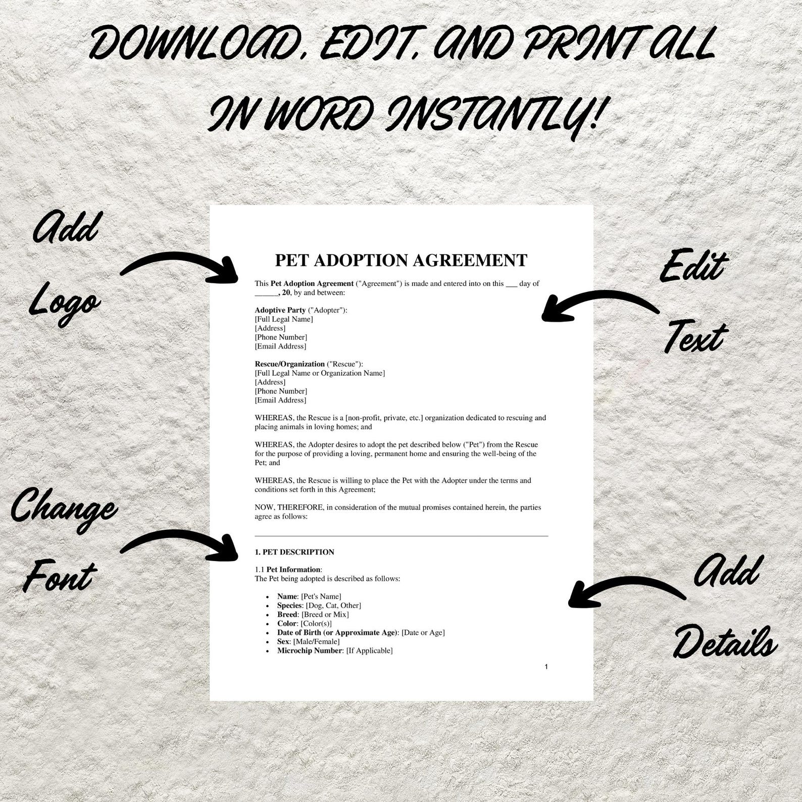 Editable Pet Adoption Contract Template (word Format) - Etsy