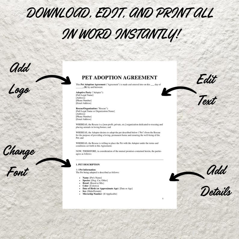 Editable Pet Adoption Contract Template (word Format) - Etsy