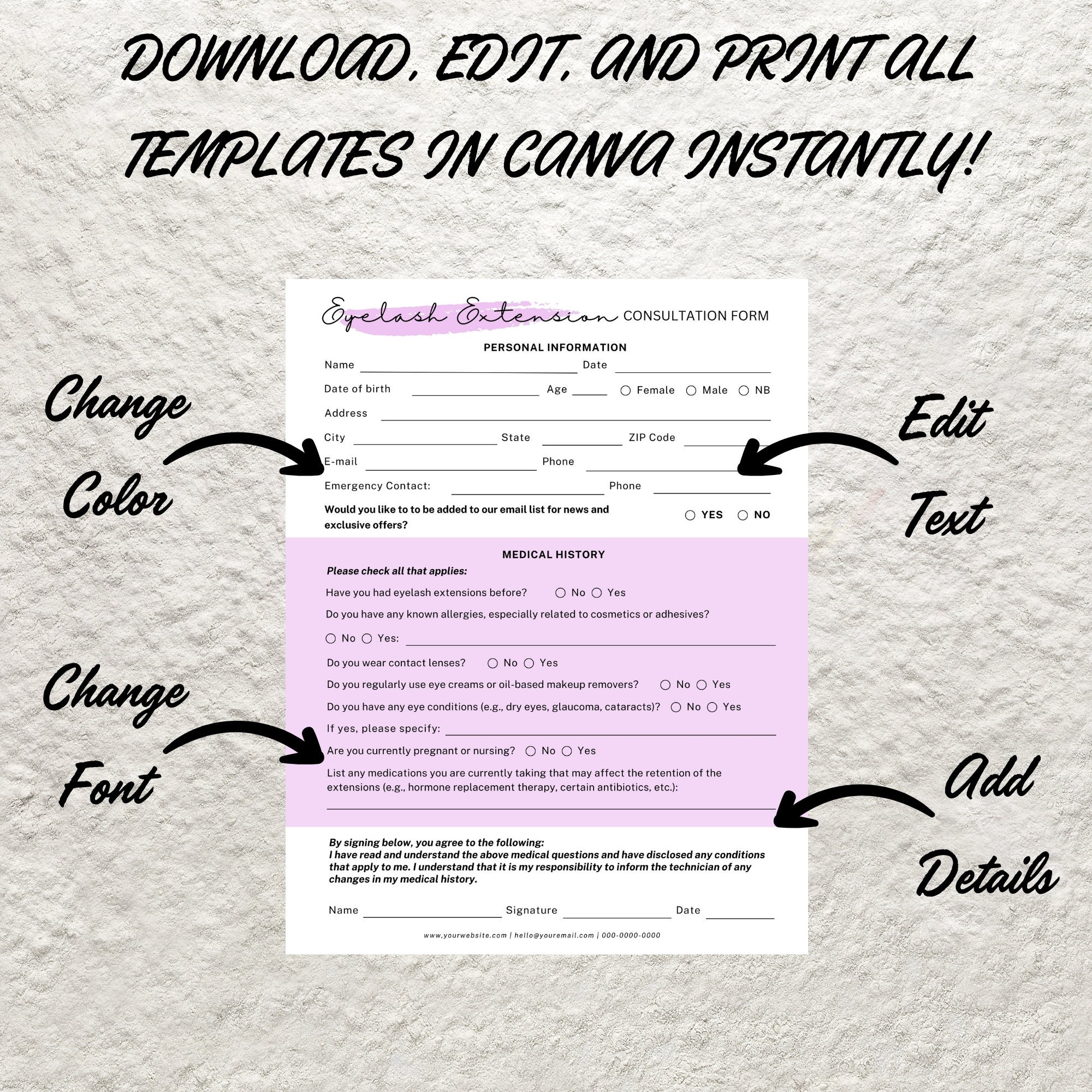 Eyelash Extension Forms Template Editable Printable Lash Consent Form ...