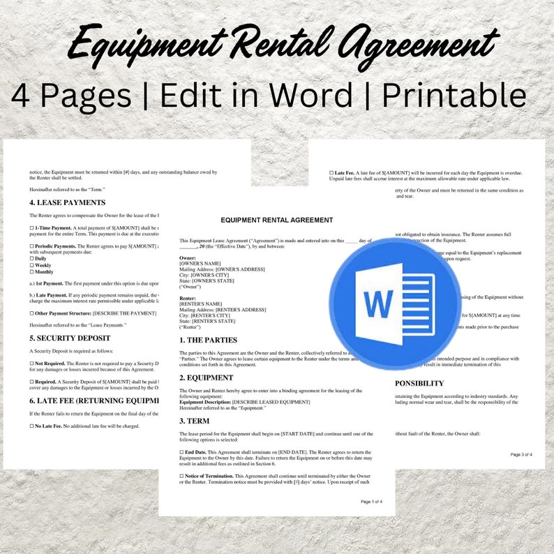 Equipment Rental Agreement Template: Editable Lease Contract (printable ...