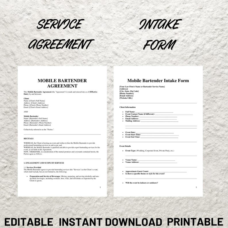 Mobile Bar Business Forms Bundle - Editable Bartender Contract, Service ...