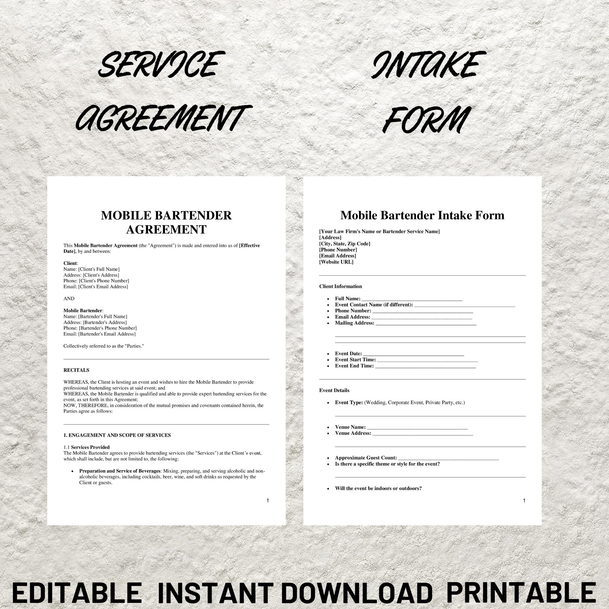 Mobile Bar Business Forms Bundle Editable Bartender Contract Printable ...