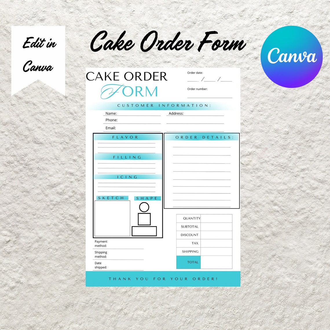 Editable Cake Order Form Canva Template Custom Bakery Cake Order Form ...