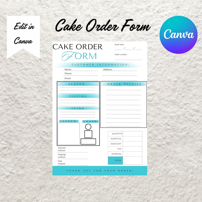 Editable Cake Order Form Canva Template Custom Bakery Cake Order Form ...