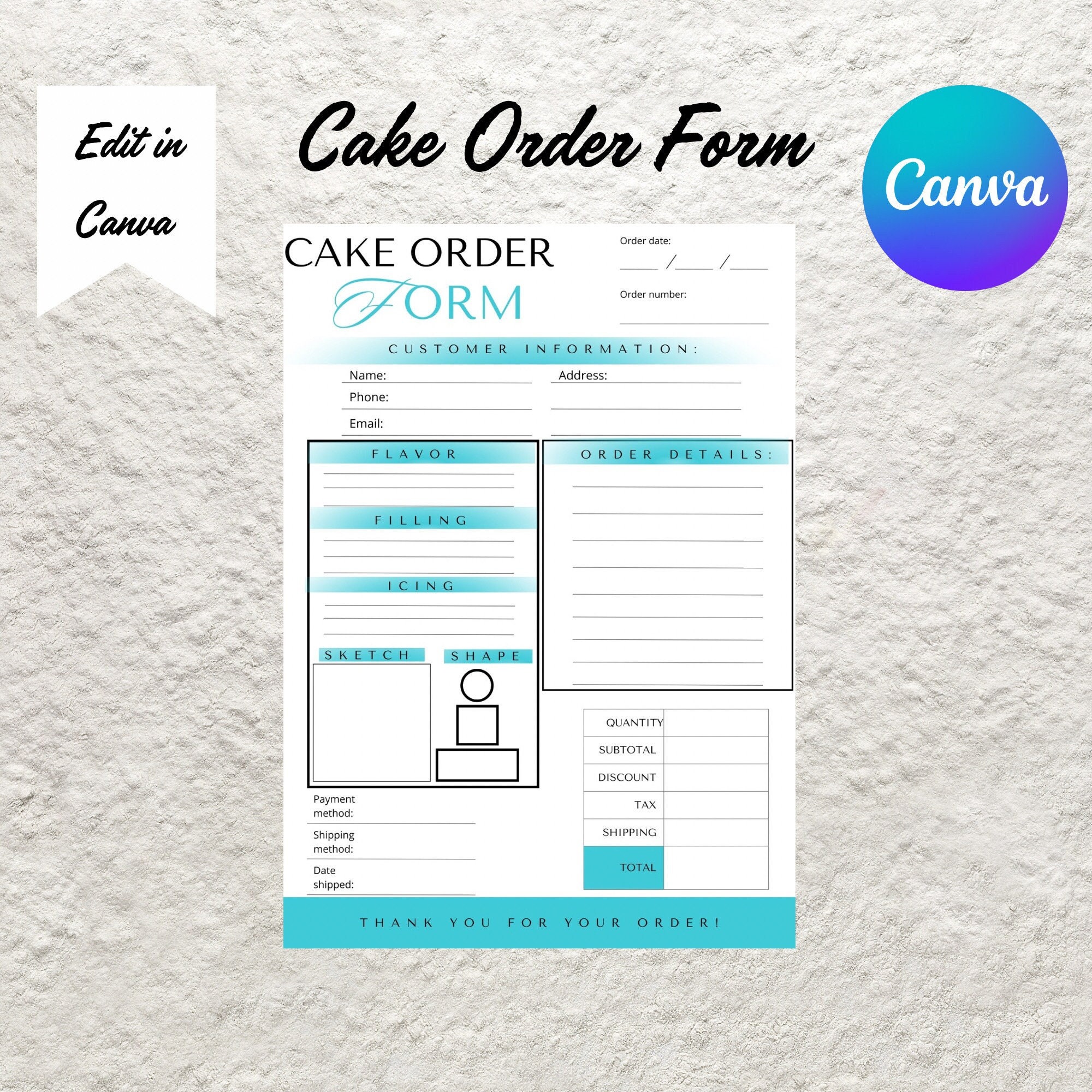 Editable Cake Order Form Canva Template Custom Bakery Cake Order Form ...