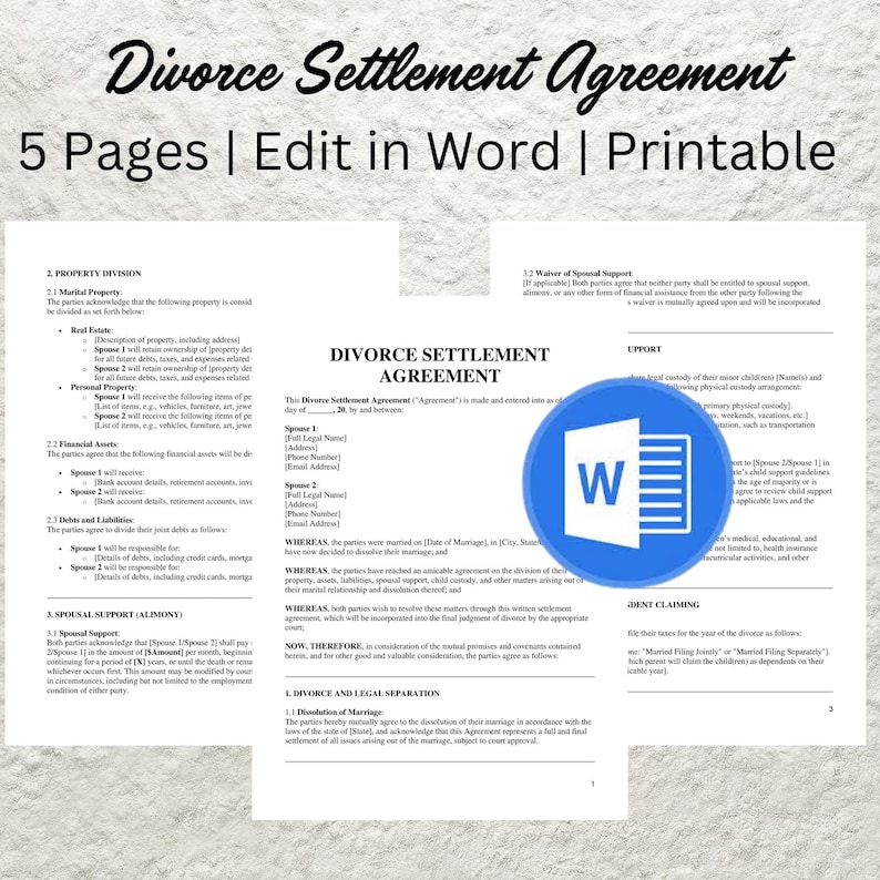 Editable Divorce Settlement Agreement Template (word Format) - Etsy