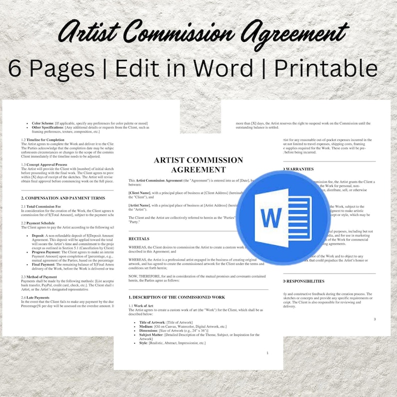 Artist Commission Contract Template: Editable Service Agreement (pdf ...
