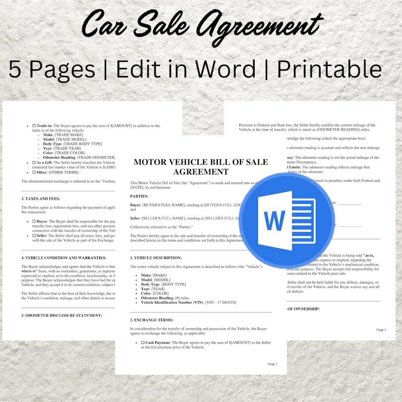 Car Sales Agreement Template: Editable Vehicle Purchase Contract (word ...