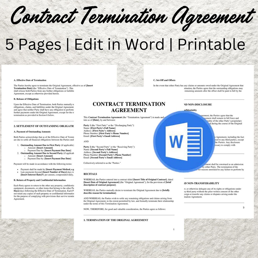 Contract Termination Agreement Template: Editable & Printable - Etsy