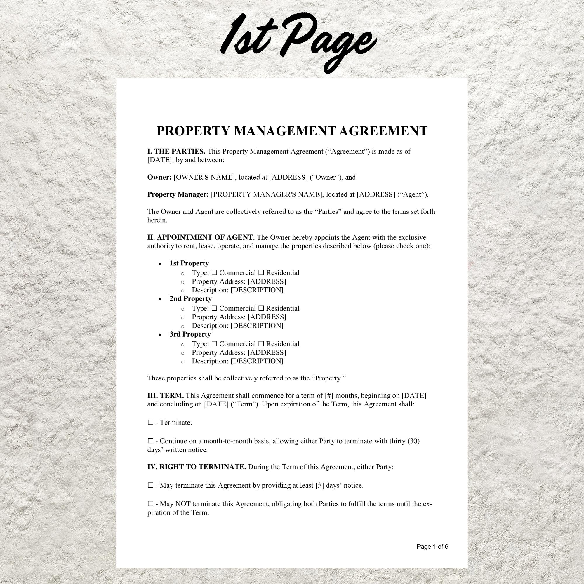 Property Management Agreement Template Editable Property Management ...