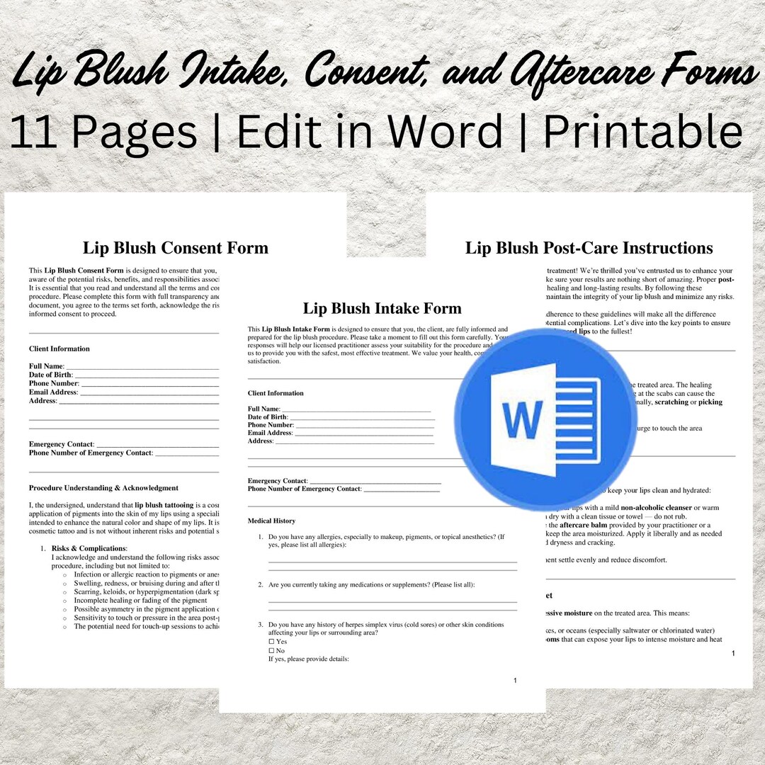 Lip Blush Forms: Consent, Intake, Aftercare - Editable Template (word ...