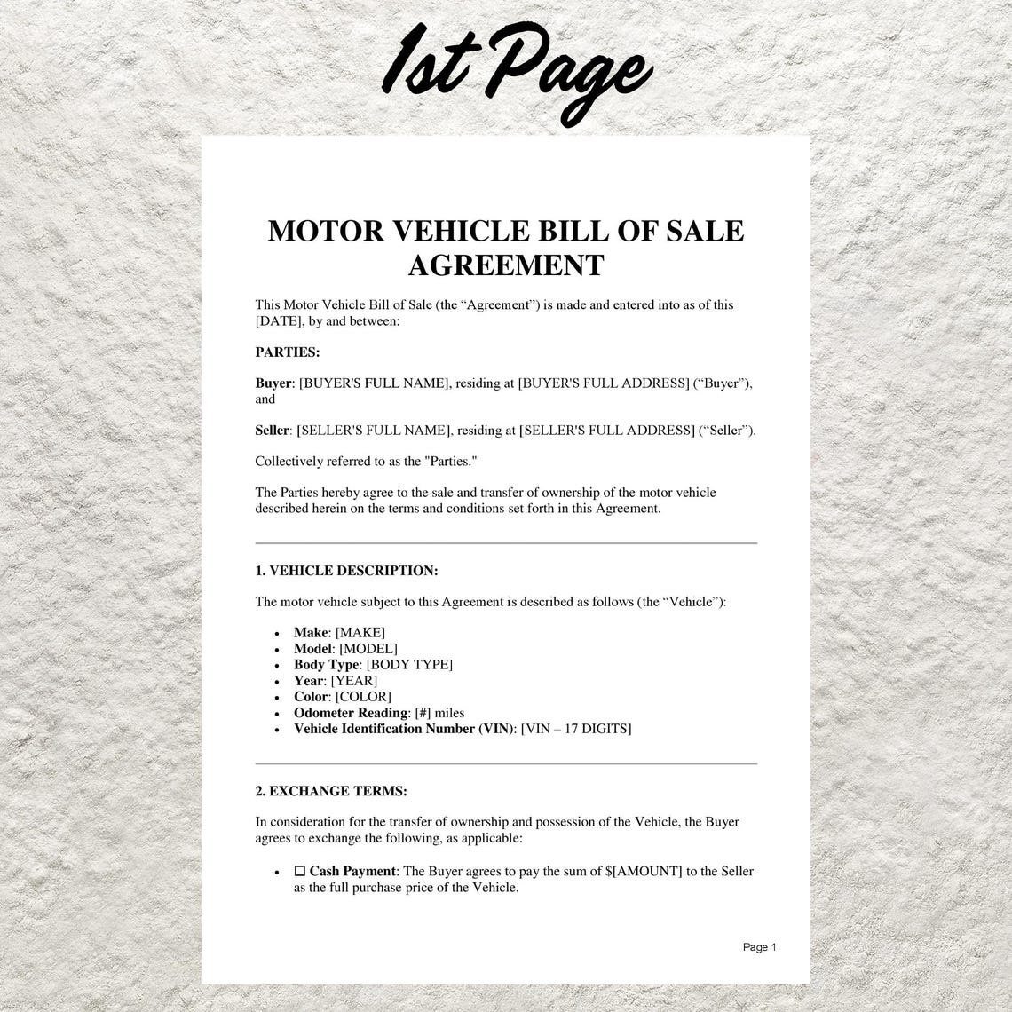 Car Sales Agreement Template: Editable Vehicle Purchase Contract (word ...