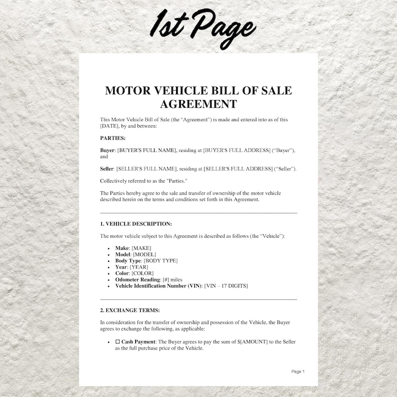 Car Sales Agreement Template: Editable Vehicle Purchase Contract (word ...