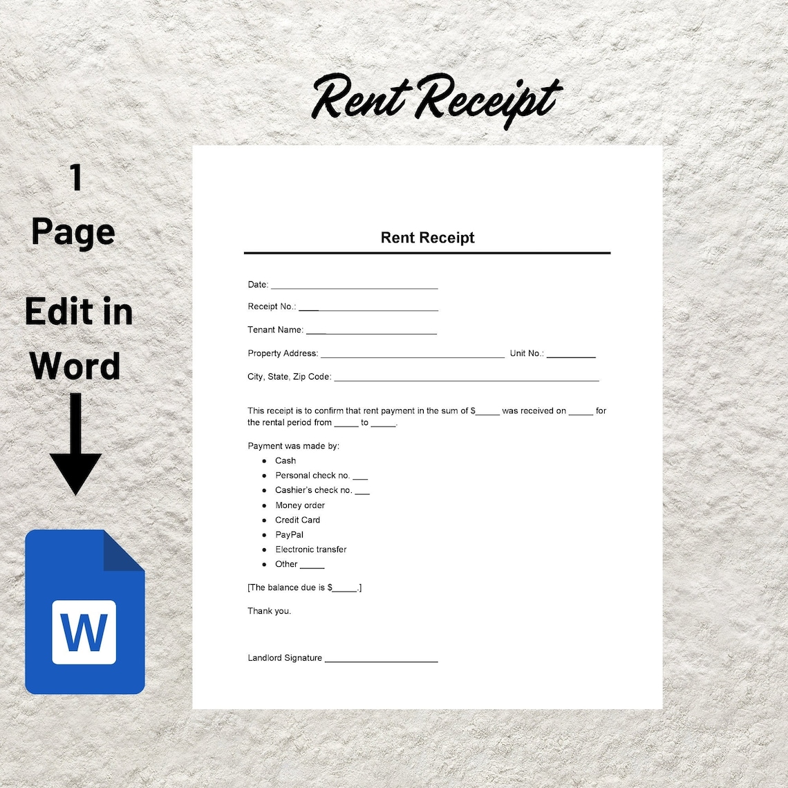 Landlord Rent Receipt Template Tenant Rental Receipt Rent Payment Receipt Editable Printable ...