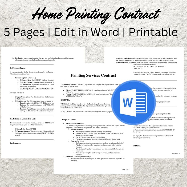 Painting Service Contract Template: Editable Interior & Exterior ...