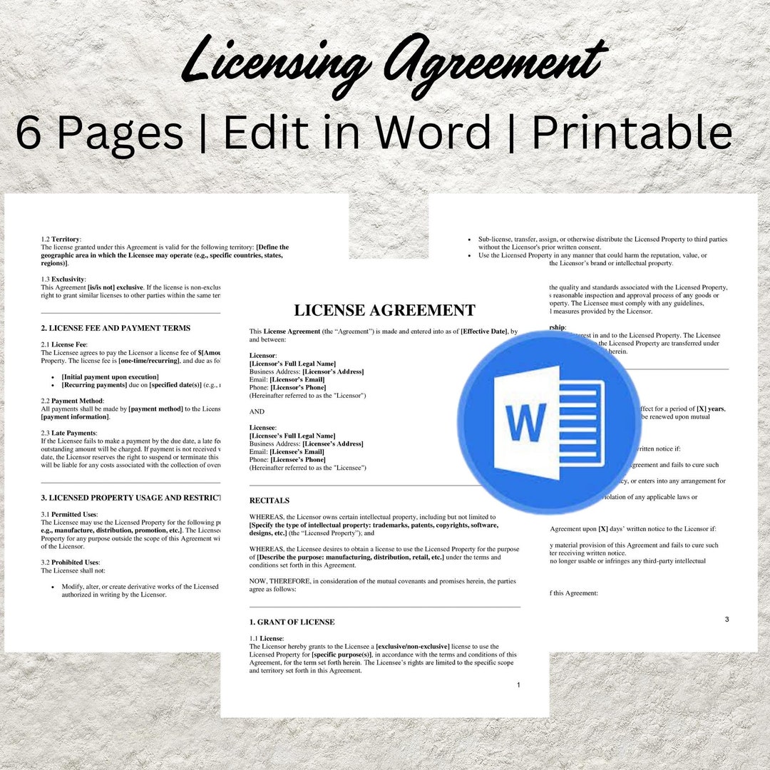Licensing Agreement Template Editable Copyright License Printable Royalty Contract Licensee ...