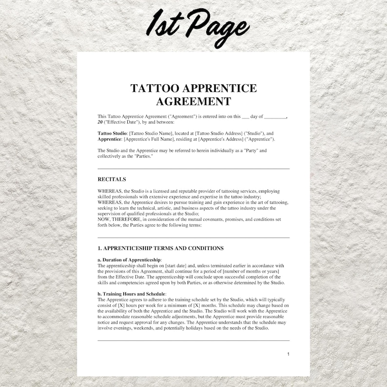 Tattoo Apprentice Contract Template: Editable Apprenticeship Agreement ...