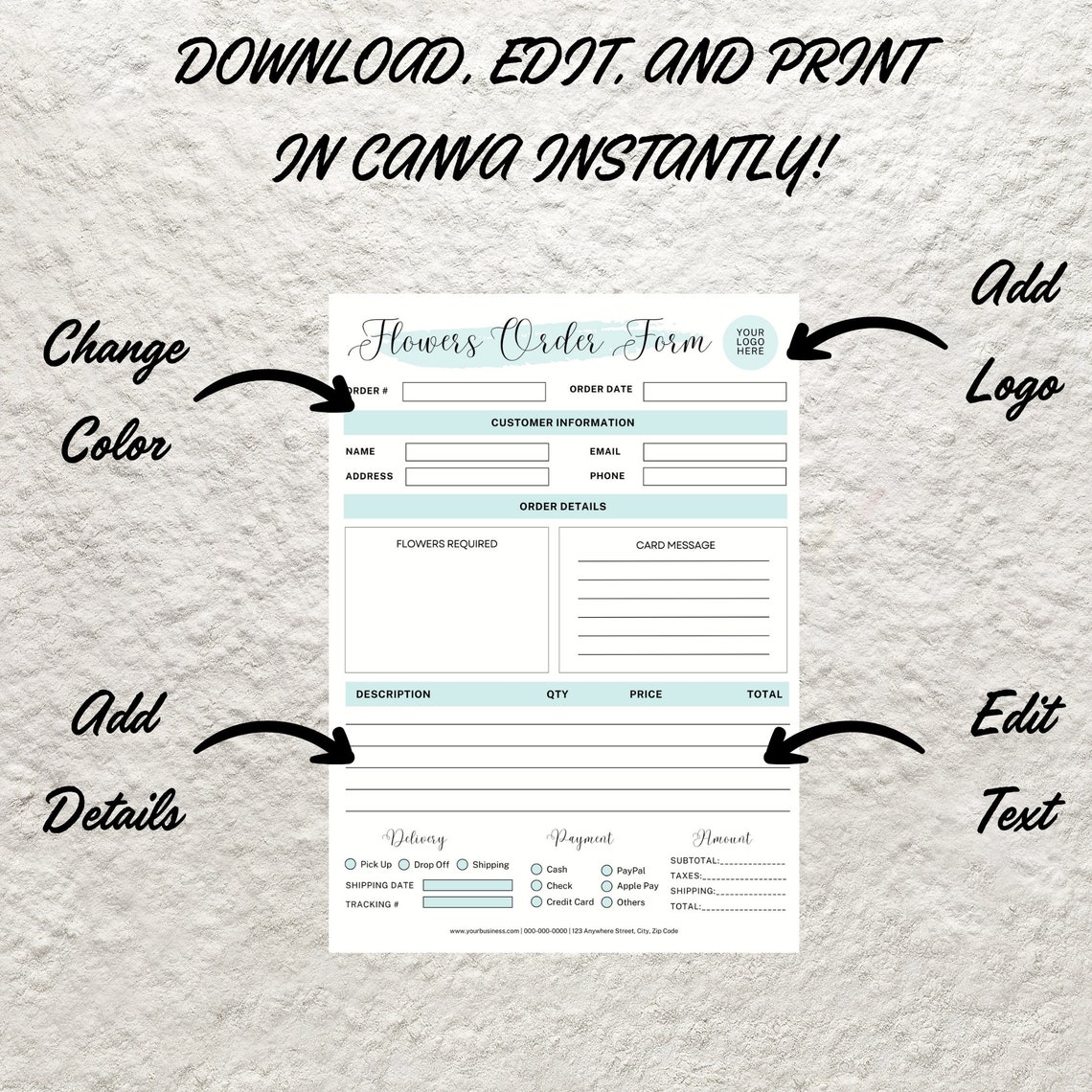 Florist Order Form Template Printable Flower Order Form Editable Floral ...