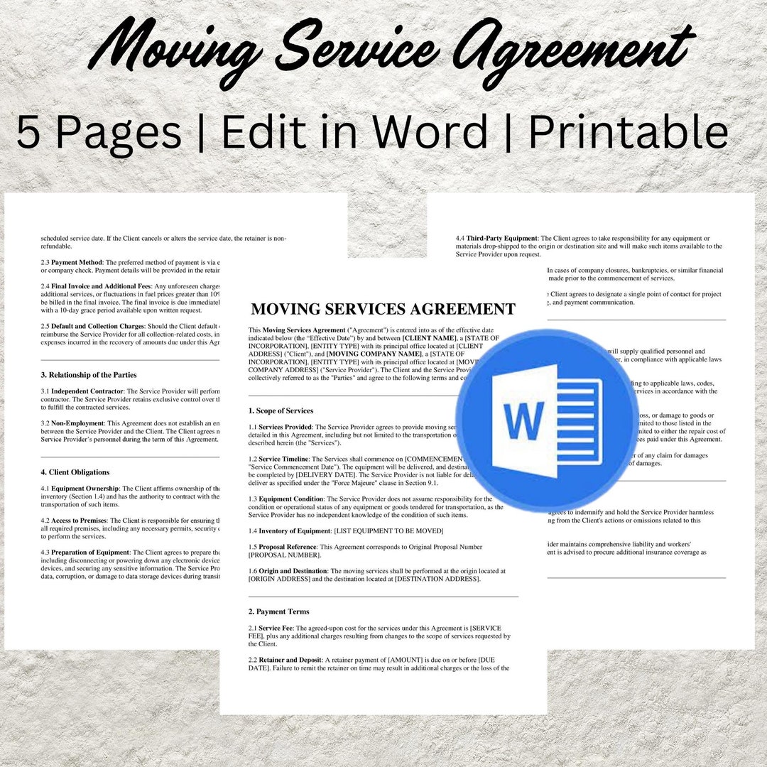 Moving Contract Template Editable Professional Moving Services ...