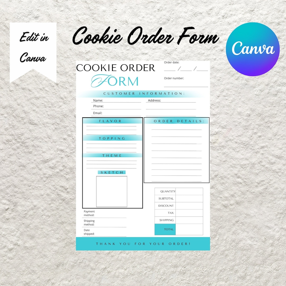 Cookie Order Form Template Editable in Canva Bakery Order Form Receipt ...