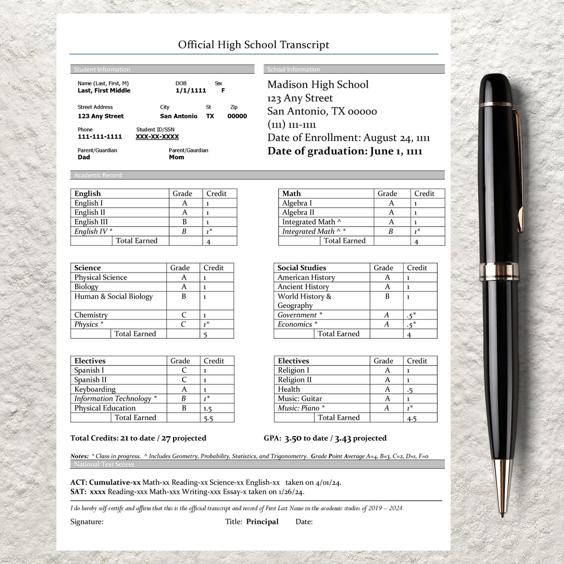 Fillable Printable Highschool Transcript Template Editable Homeschool ...
