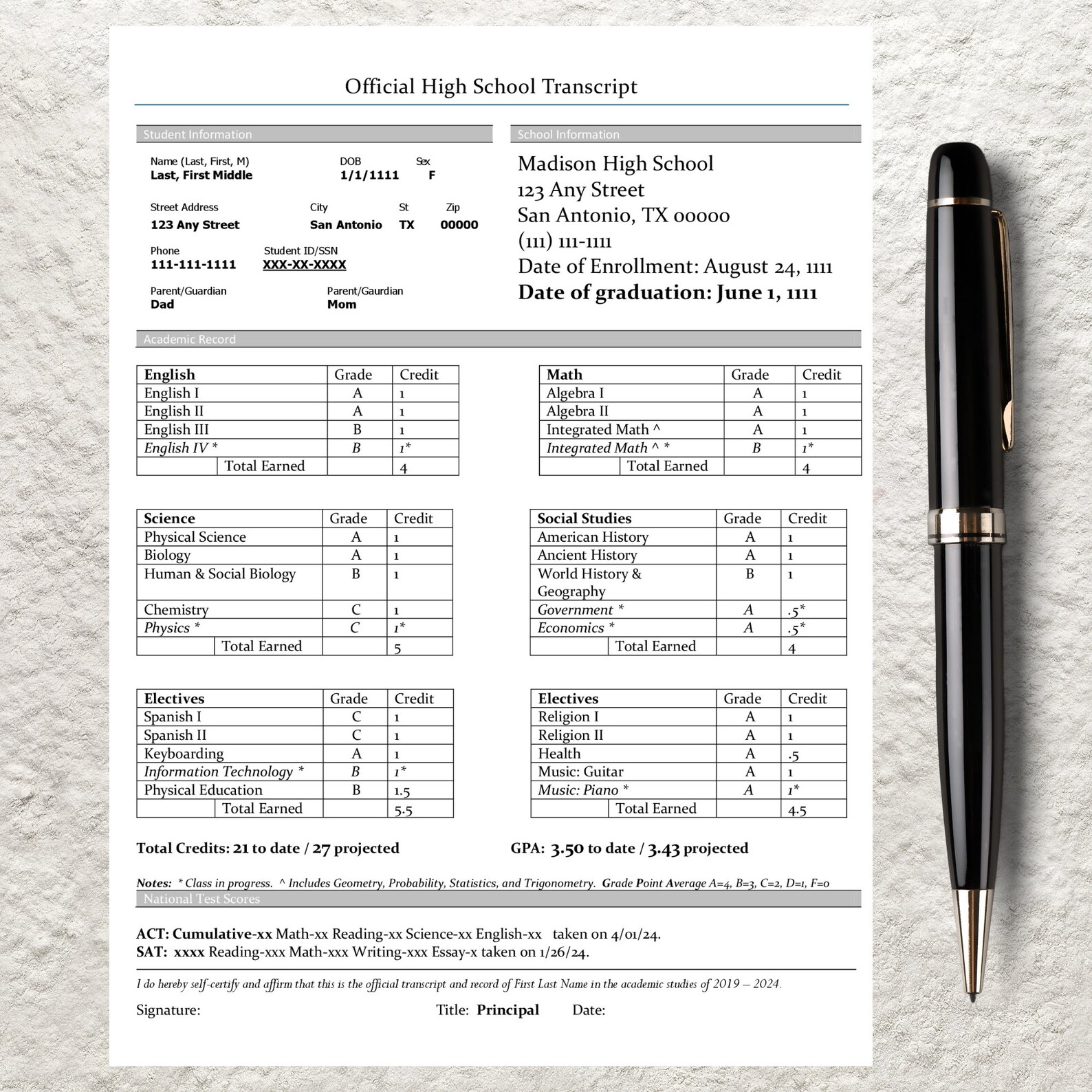 Fillable Printable Highschool Transcript Template Editable Homeschool ...