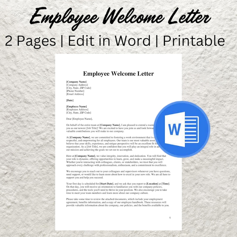 Employee Welcome Letter Template Editable New Employee Welcome Letter ...