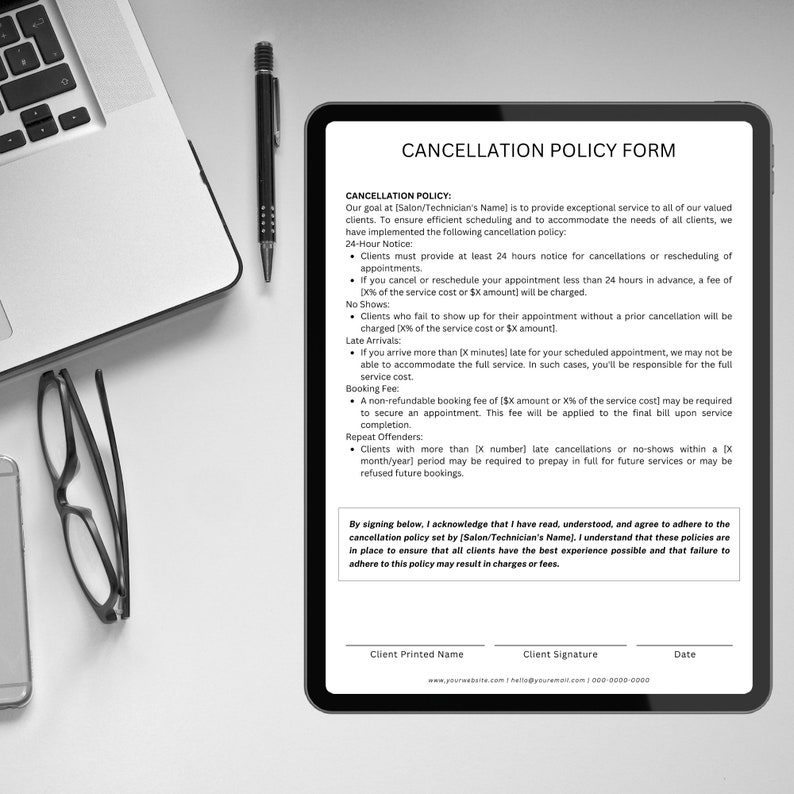 Editable Cancellation Policy Form Template Printable Salon Spa Lash ...