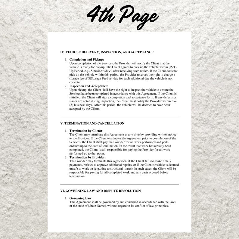 Auto Repair Service Agreement Template: Editable Mechanic Contract ...