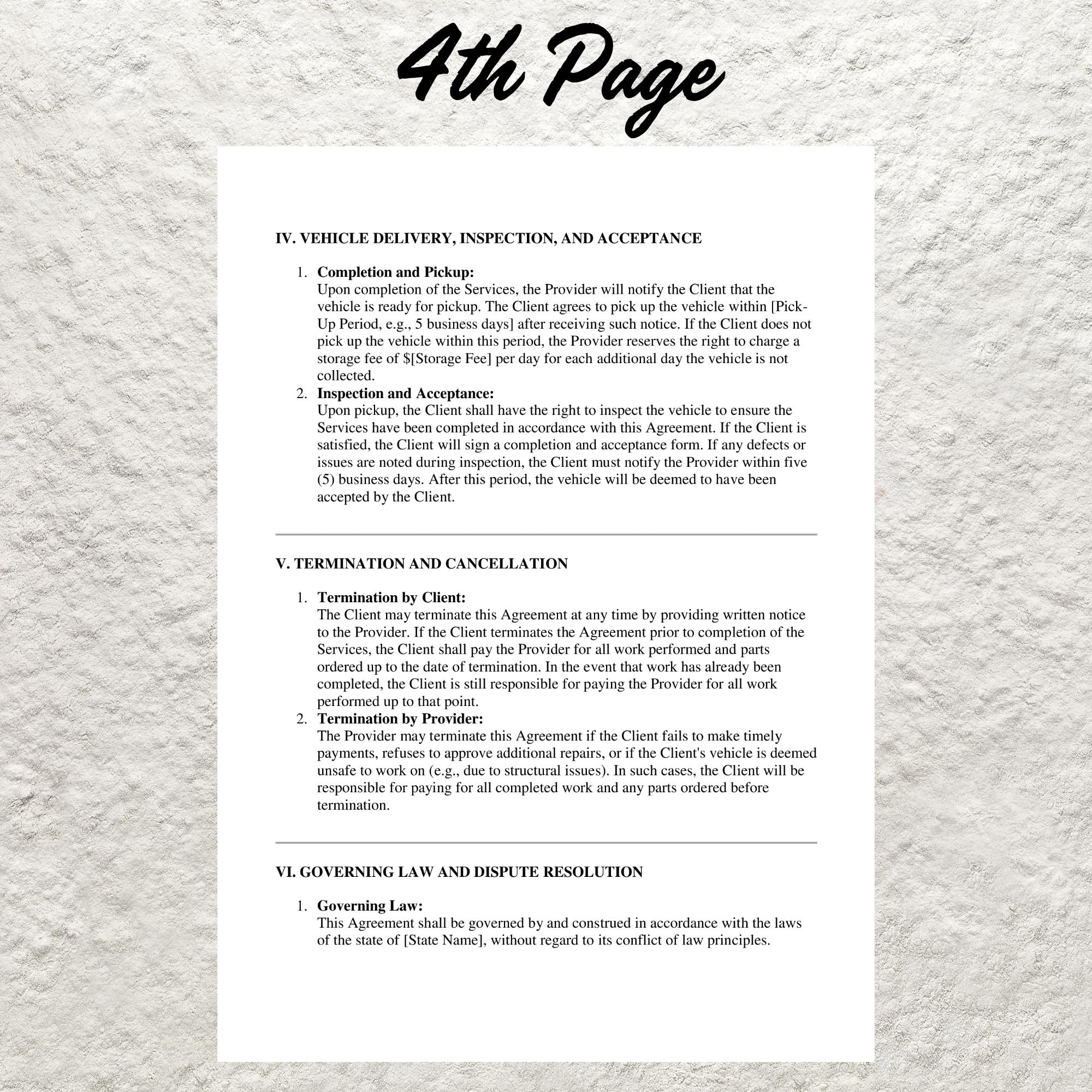 Auto Repair Contract Template Editable Service Agreement Printable ...