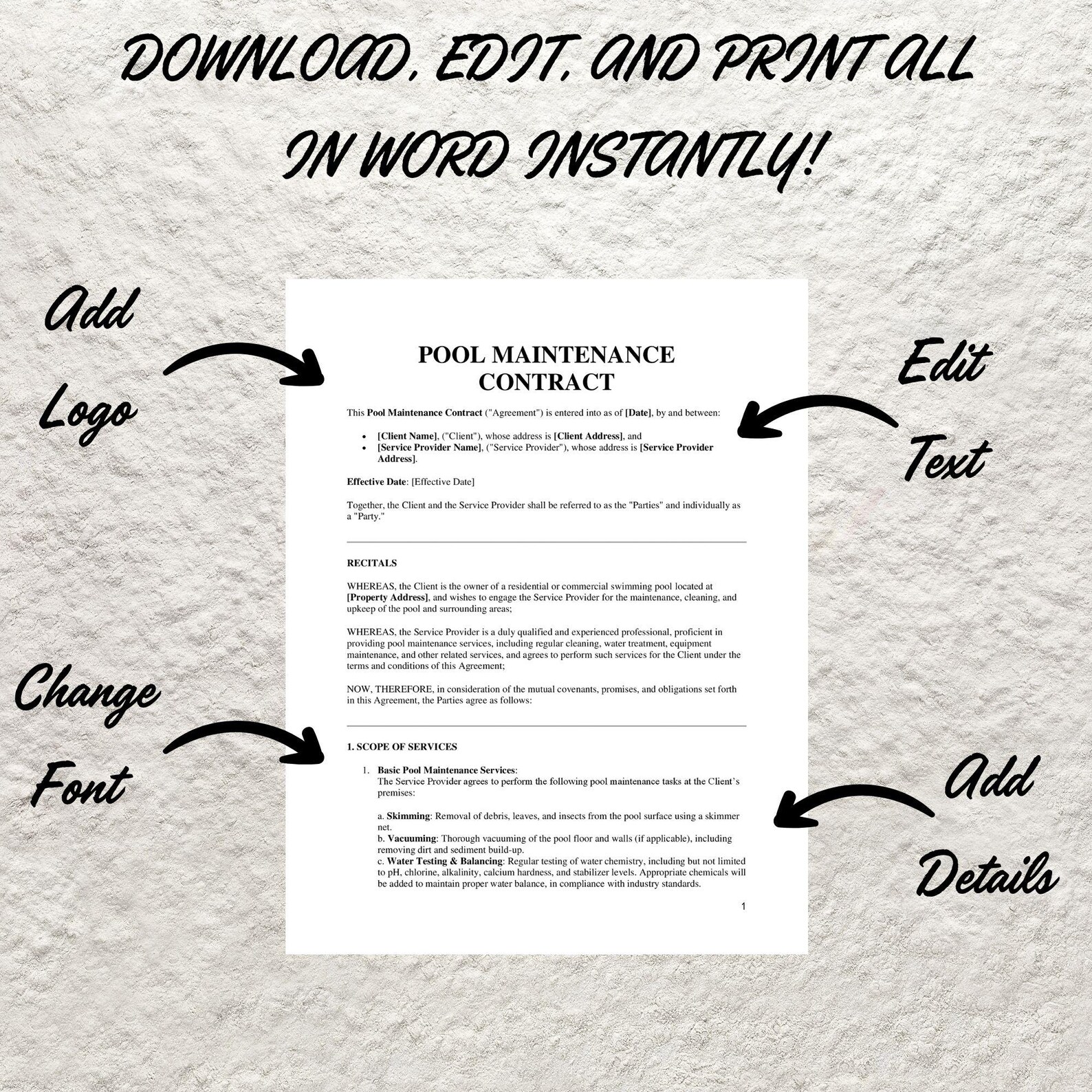 Residential Pool Maintenance Contract Template Editable Swimming Pool ...