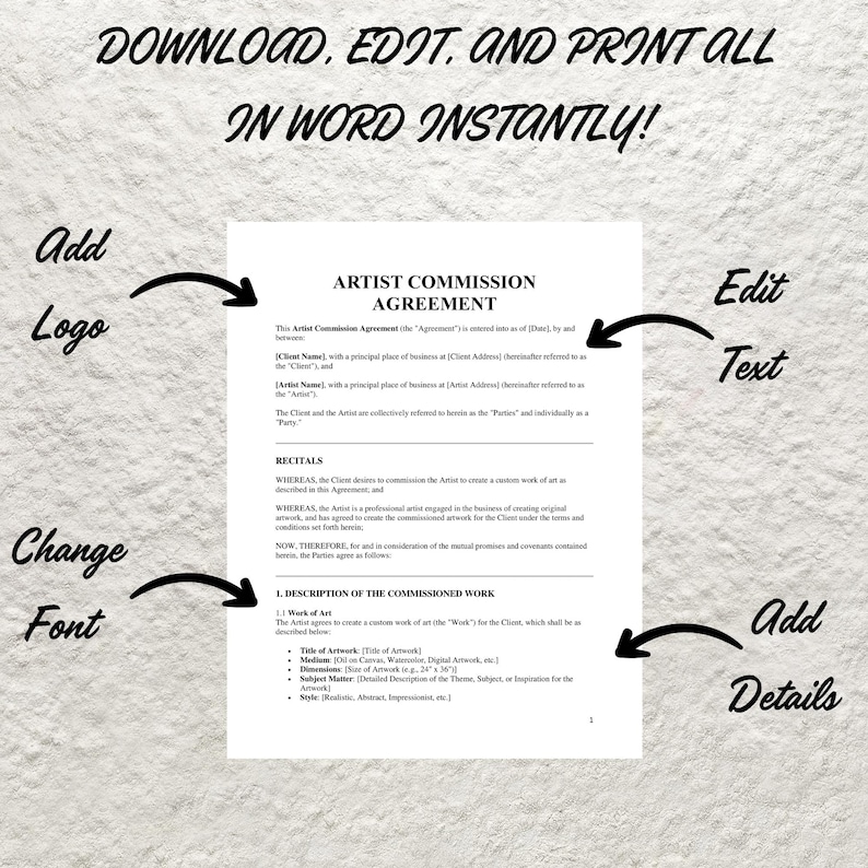 Artist Commission Contract Template: Editable Service Agreement (pdf ...
