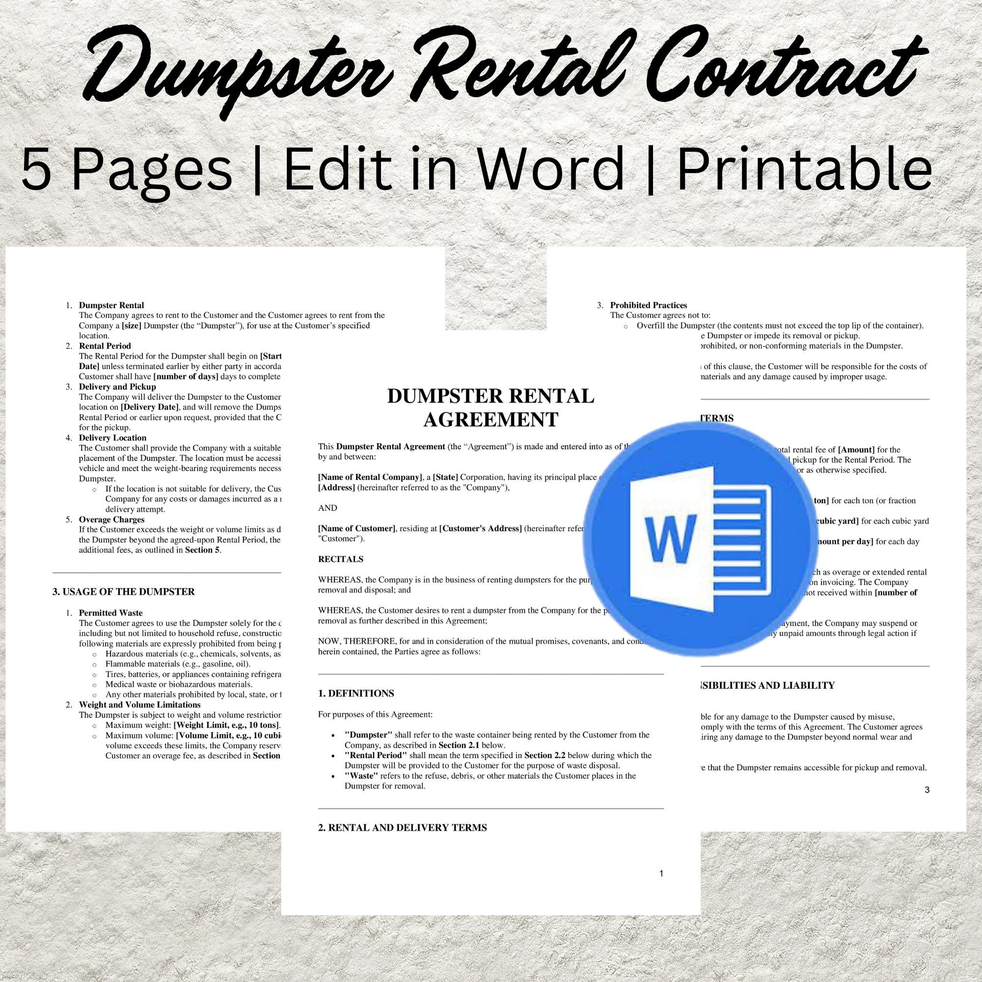 Dumpster Rental Agreement Template: Editable Waste Disposal Contract ...