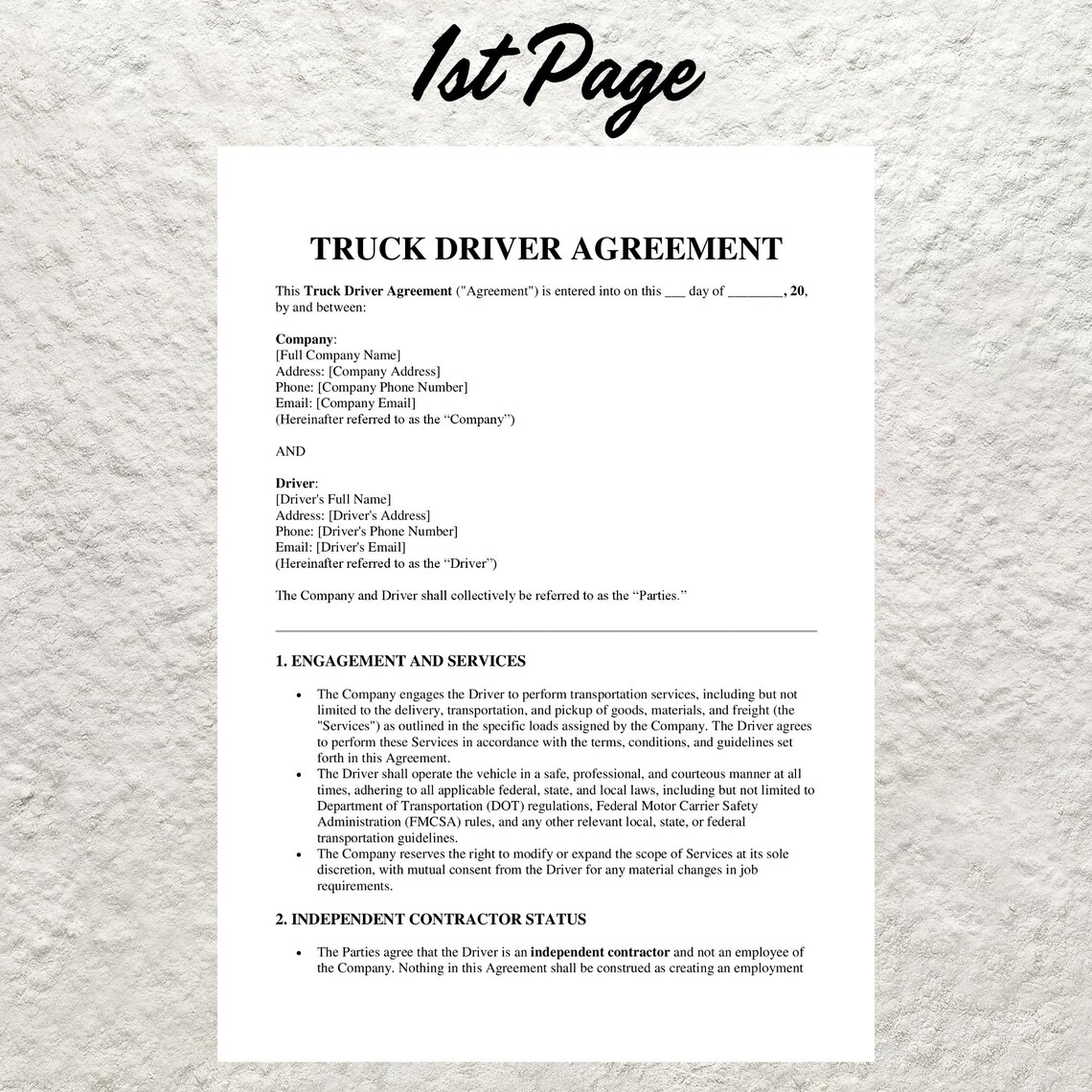 Truck Driver Contract Template: Editable Service Agreement (word ...