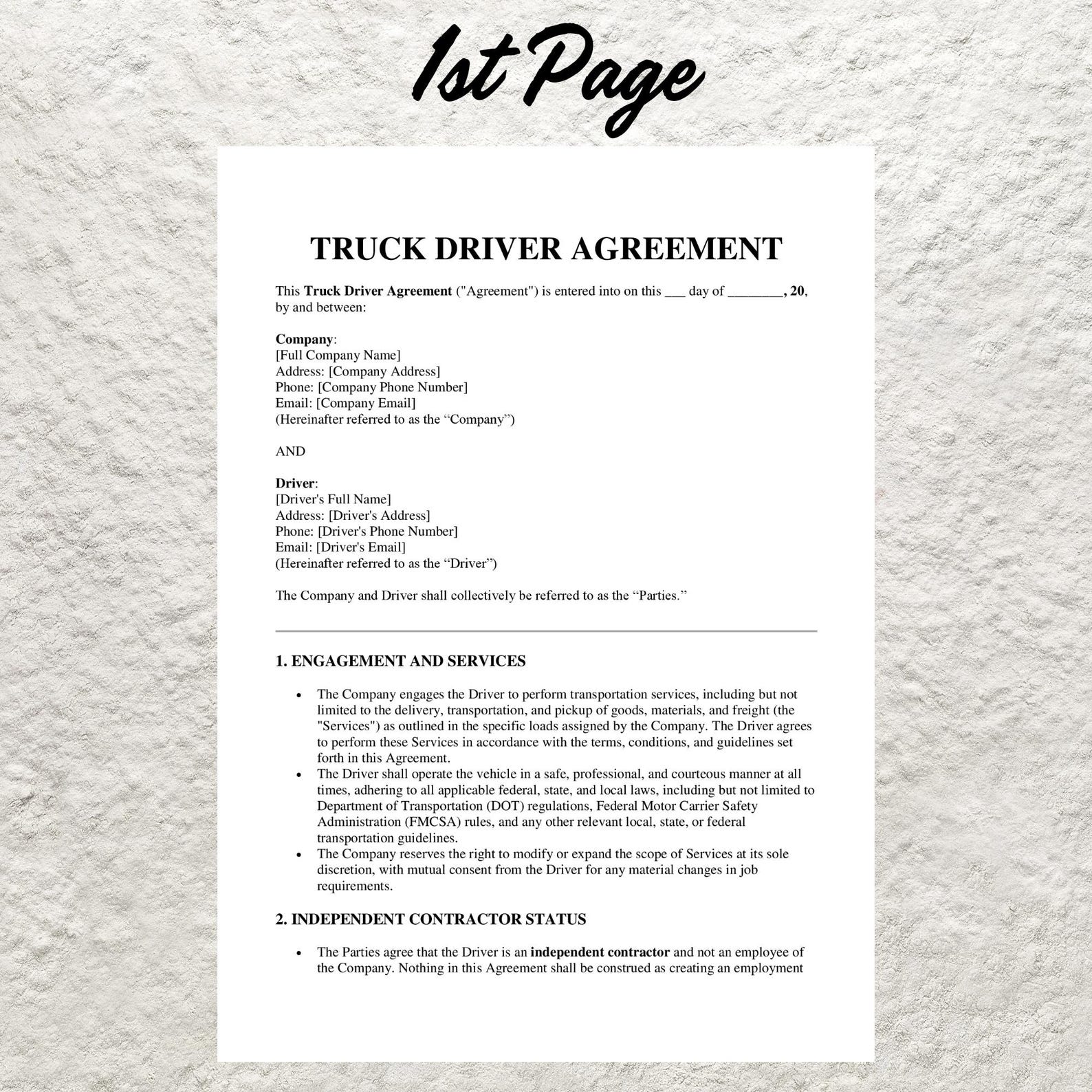 Truck Driver Contract Template: Editable Service Agreement (word ...