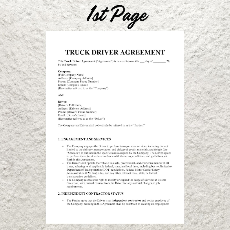 Truck Driver Contract Template: Editable Service Agreement (word ...