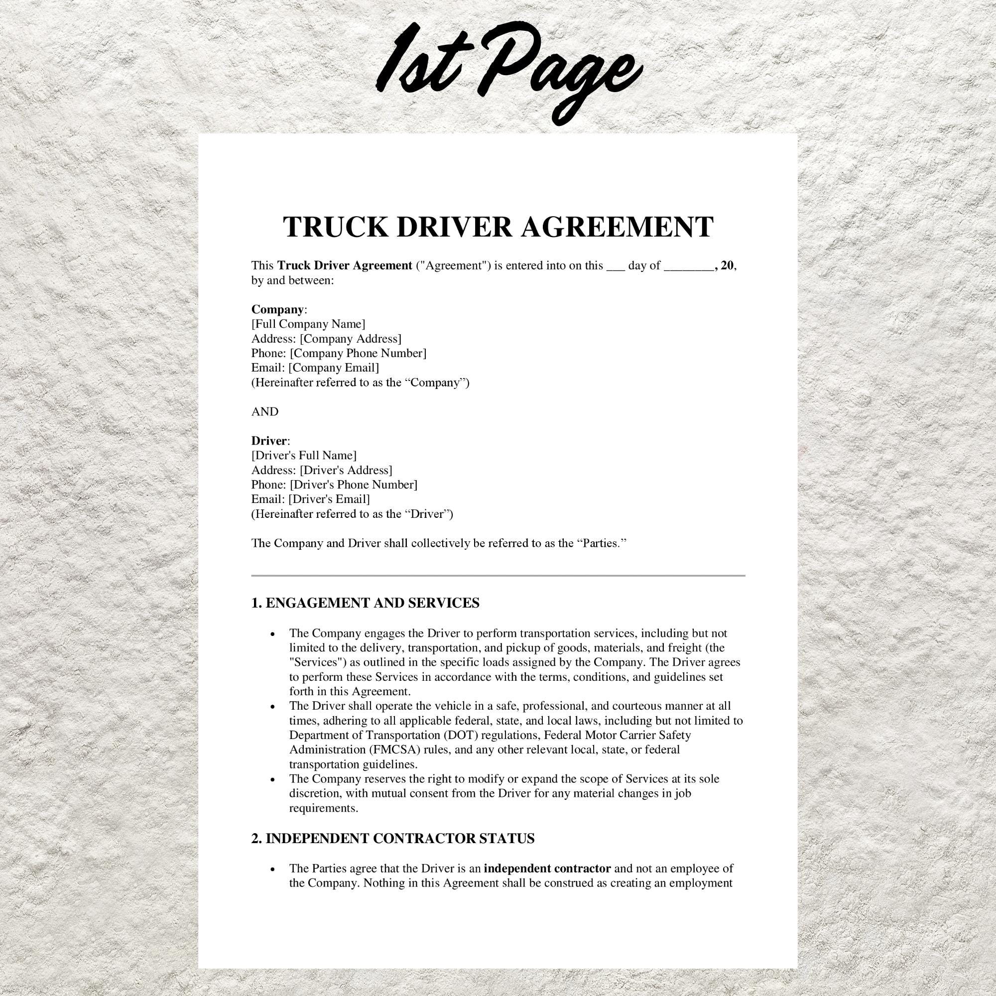 Truck Driver Contract Template: Editable Service Agreement (word ...
