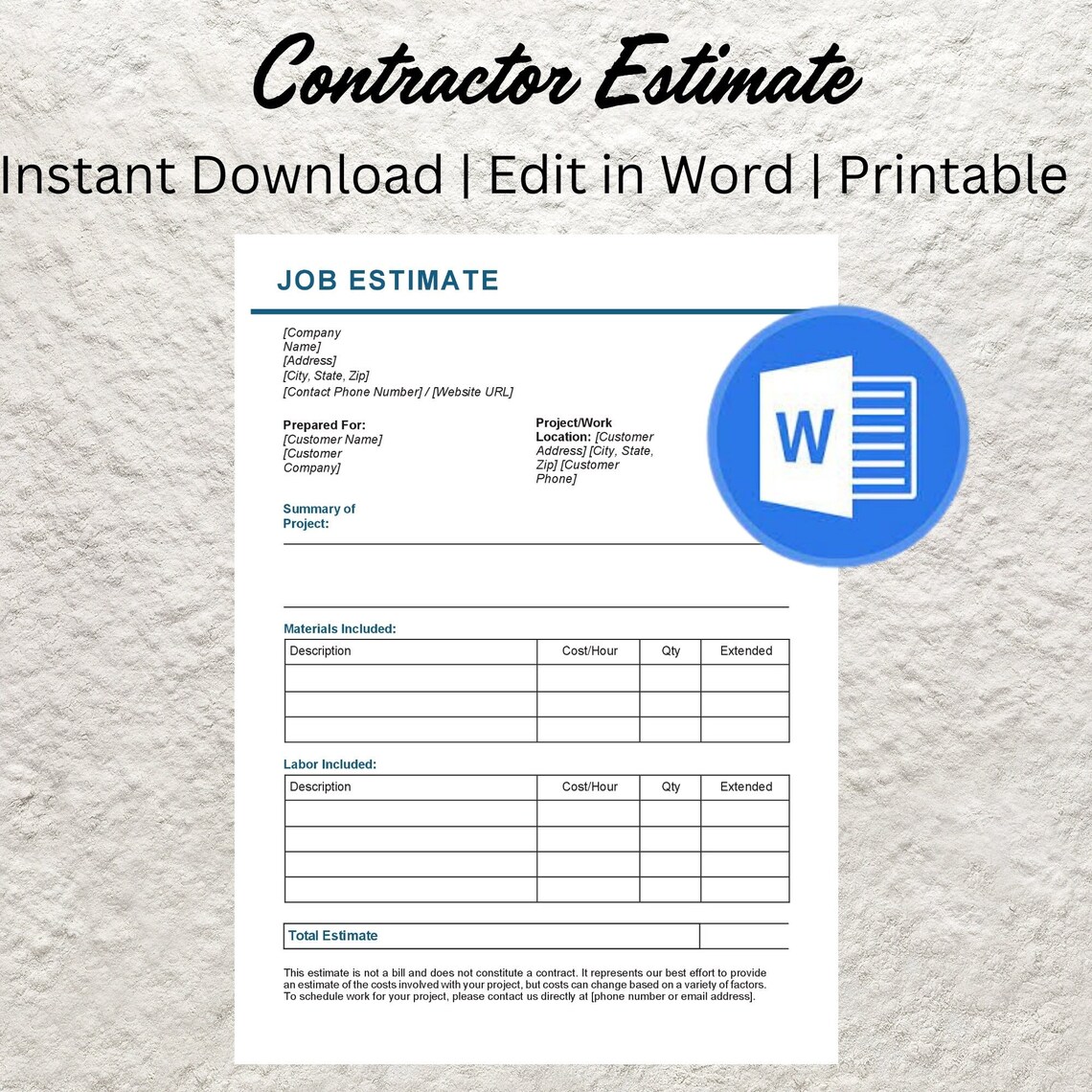 Editable Contractor Estimate Template, Printable Construction Bid (word ...