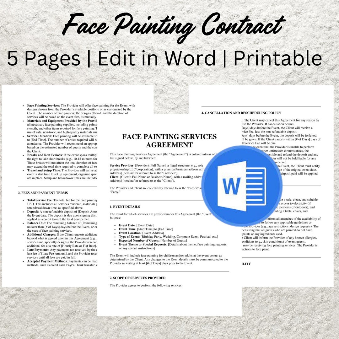 Editable Face Painting Contract Template: Service Agreement (word & PDF ...