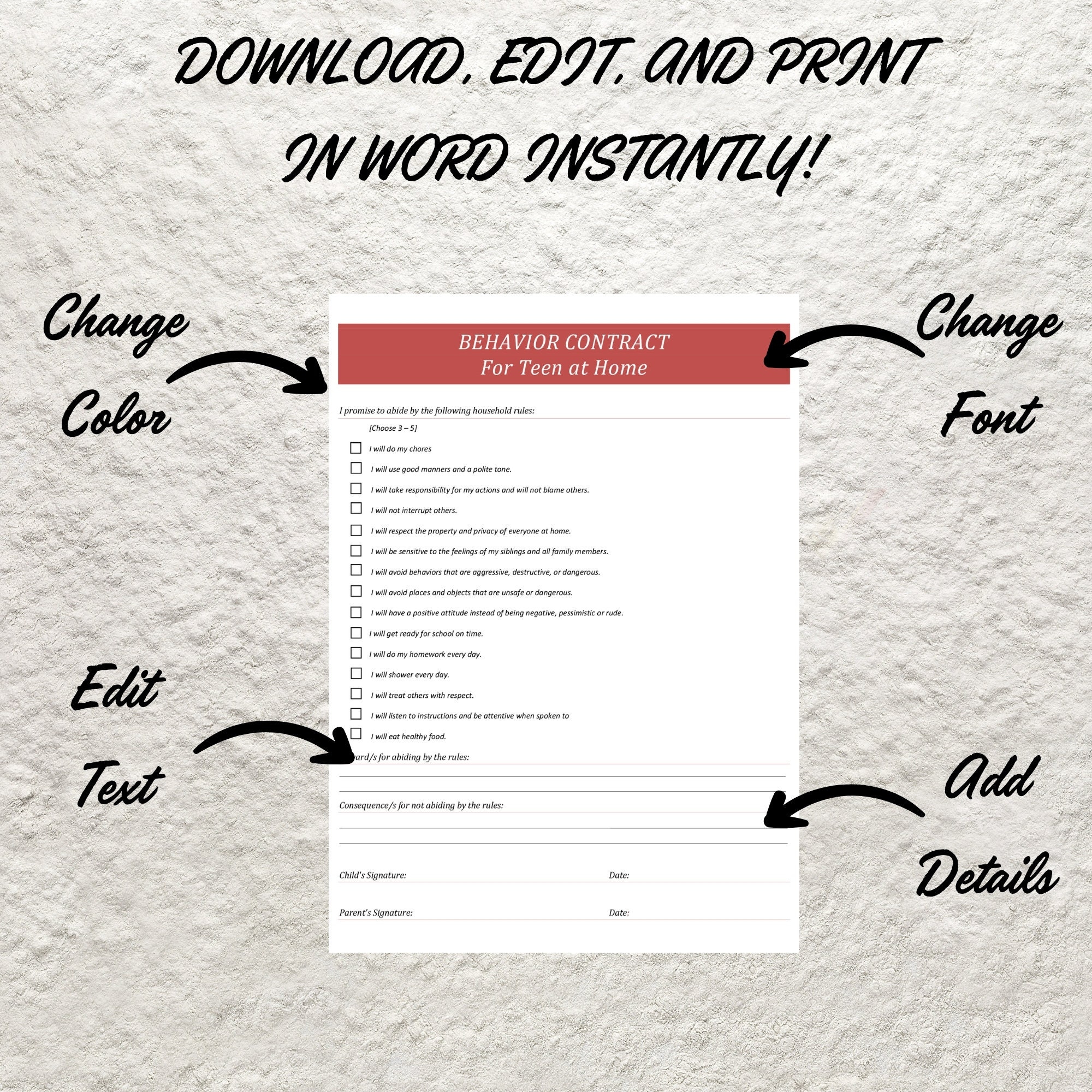 Teen Behavior Contract Template Printable Behavior Contract for ...