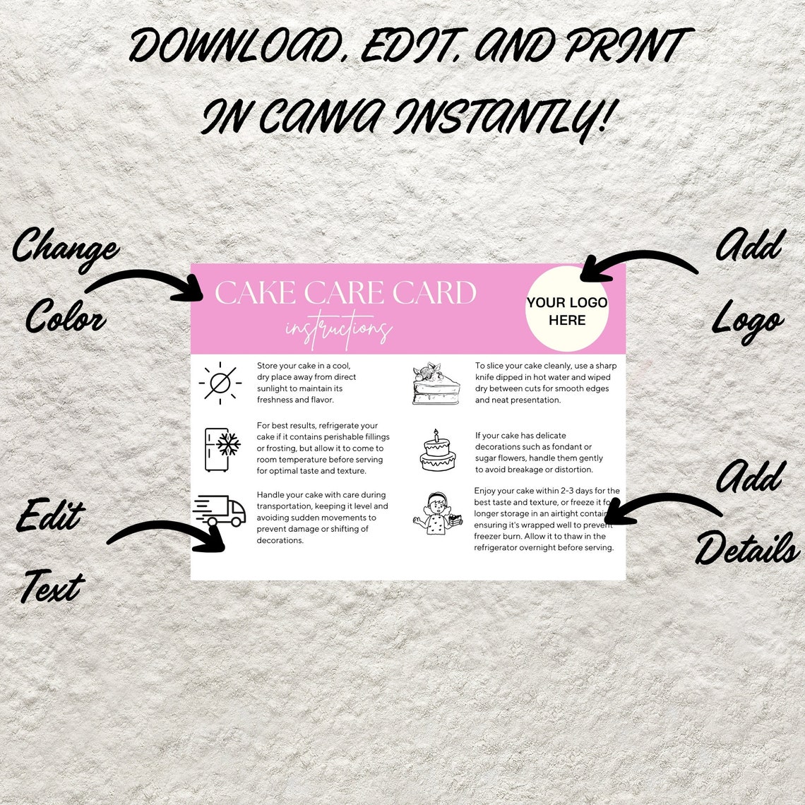 Editable Cake Care Card Canva Template Printable Cake Care Card ...