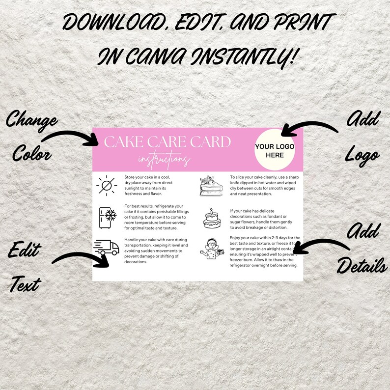 Editable Cake Care Card Canva Template Printable Cake Care Card ...