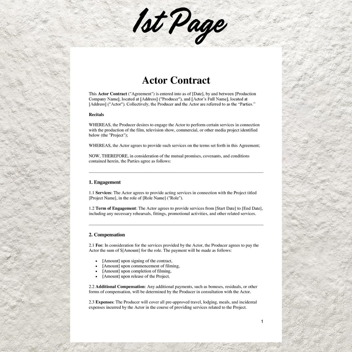 Professional Actor Contract Template Editable Actor Agreement Printable ...