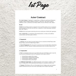 Professional Actor Contract Template Editable Actor Agreement Printable Production and ...