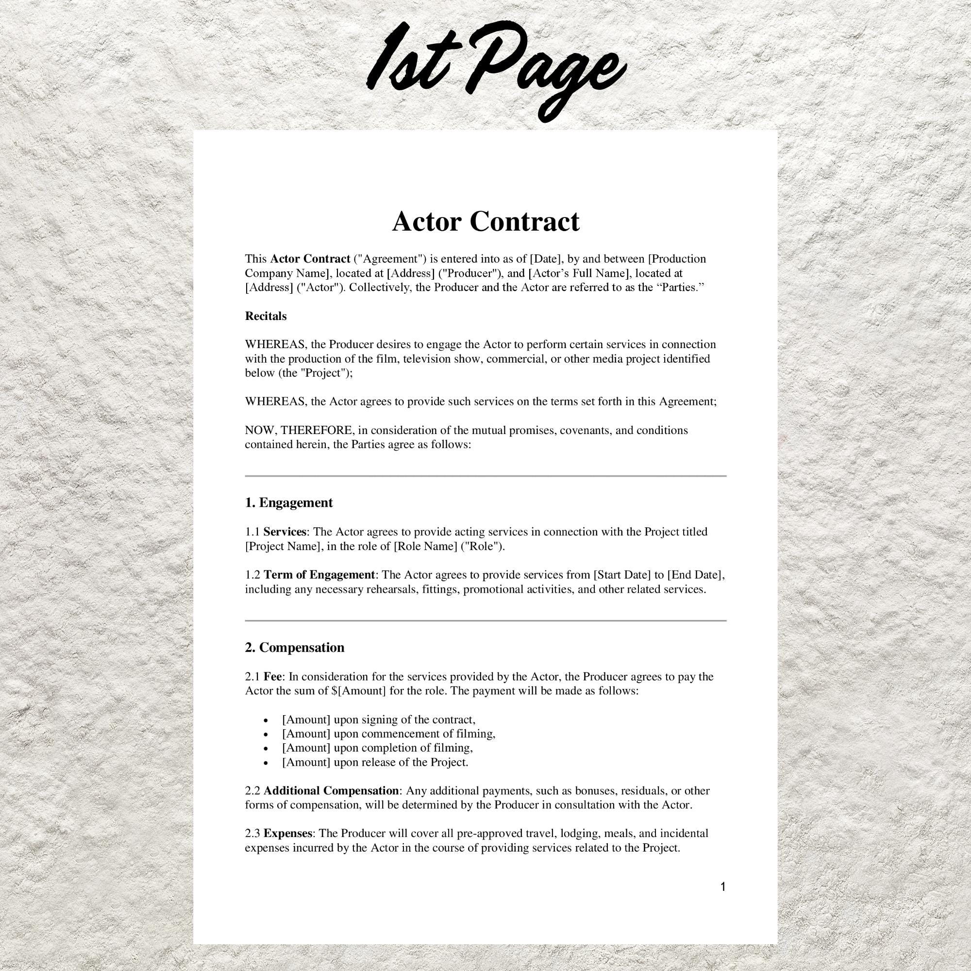 Professional Actor Contract Template Editable Actor Agreement Printable ...